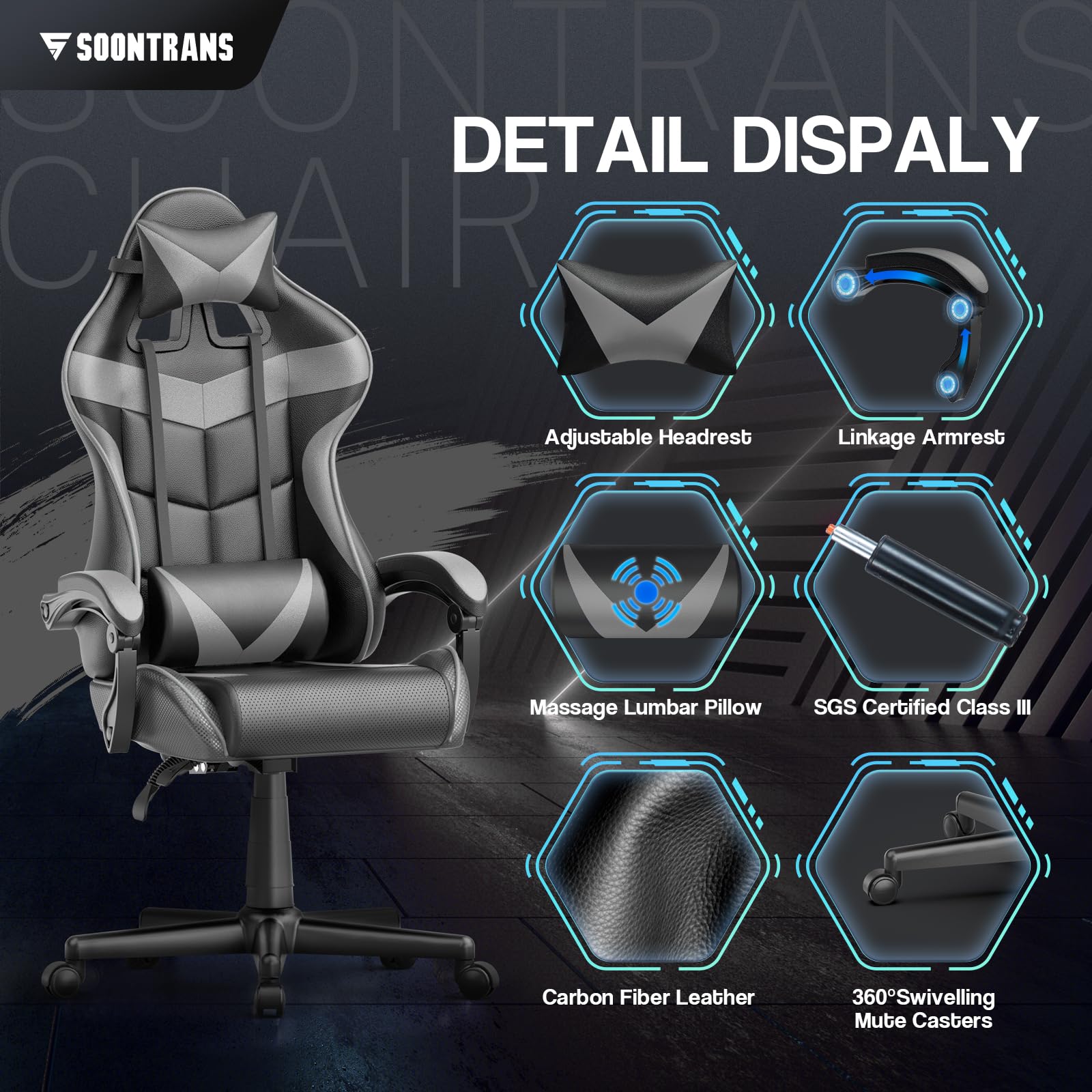 Soontrans Gaming Computer Chair,Game Chair,Ergonomic Gamer Chair,Racing Video Game Chair for Adults Teens with High-Back,Adjustable Headrest and Lumbar Support(Galaxy Grey)