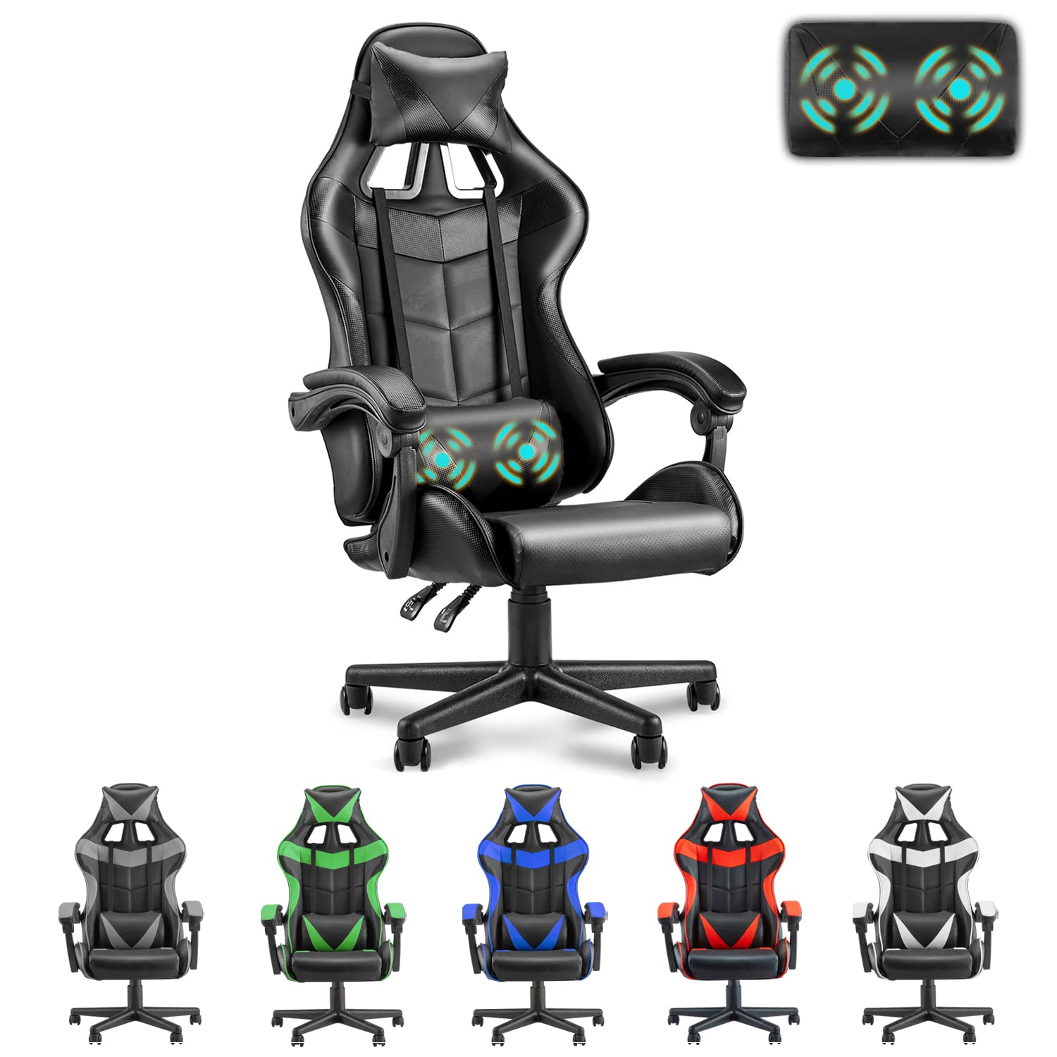 Soontrans Gaming Chair Black,High-Back Computer Chair,Ergonomic Game Chair,Racing Gamer Chair with Adjustable Headrest and Lumbar Support (Carbon Black)