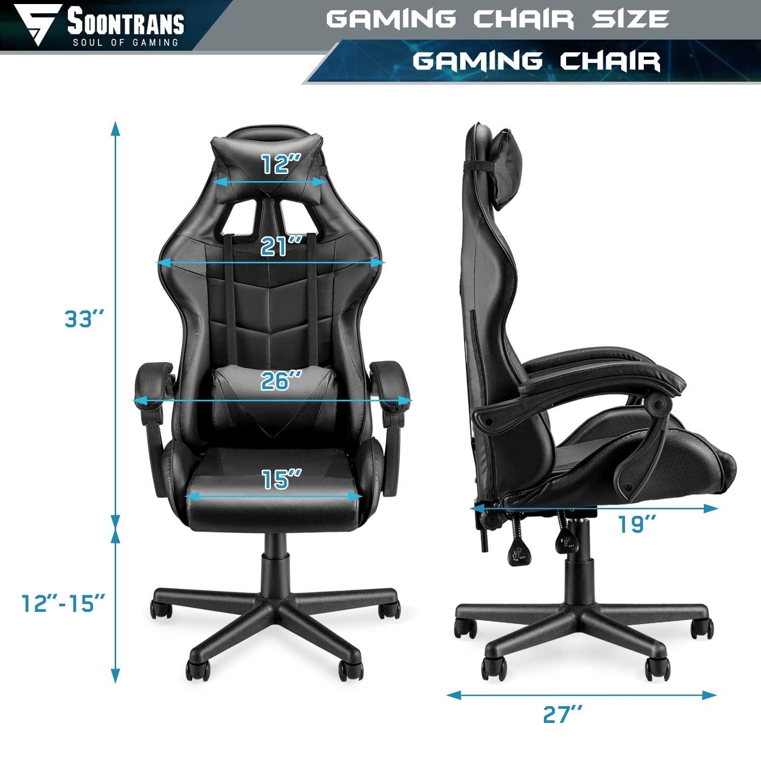 Soontrans Gaming Chair Black,High-Back Computer Chair,Ergonomic Game Chair,Racing Gamer Chair with Adjustable Headrest and Lumbar Support (Carbon Black)