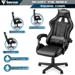 Soontrans Gaming Chair Black,High-Back Computer Chair,Ergonomic Game Chair,Racing Gamer Chair with Adjustable Headrest and Lumbar Support (Carbon Black)