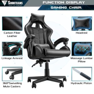 Soontrans Gaming Chair Black,High-Back Computer Chair,Ergonomic Game Chair,Racing Gamer Chair with Adjustable Headrest and Lumbar Support (Carbon Black)