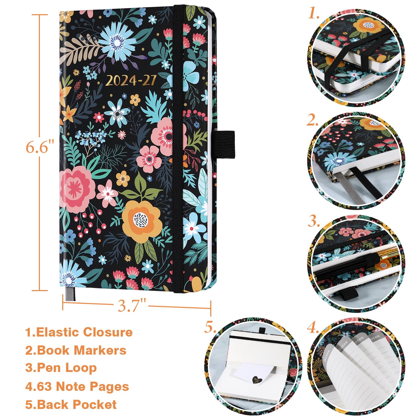 2024-2027 Pocket Planner/Calendar - Monthly Pocket Planner/Calendar with Pen Hold, Jul. 2024 - Jun. 2027, Inner Pocket and 63 Notes Pages, 6.6" x 3.7"