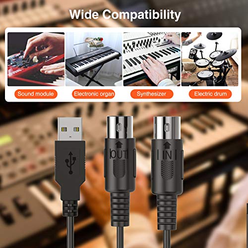 LEKATO USB MIDI Cable, MIDI to USB Cable 6.5Ft with Input & Output Connecting with Keyboard, Synthesizer for Editing & Recording, Midi to USB for Laptop Computer Windows and Mac