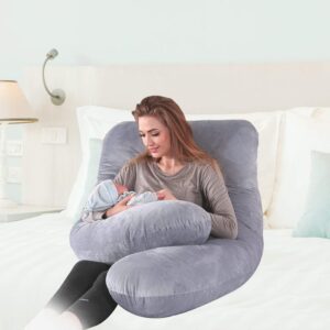 Koreyosh Pregnancy Pillow Full Body Pillow Velvet Maternity Pillow for Pregnant Woman Total Body Pillow with Machine-Washable Cover,Grey (U-Shaped)