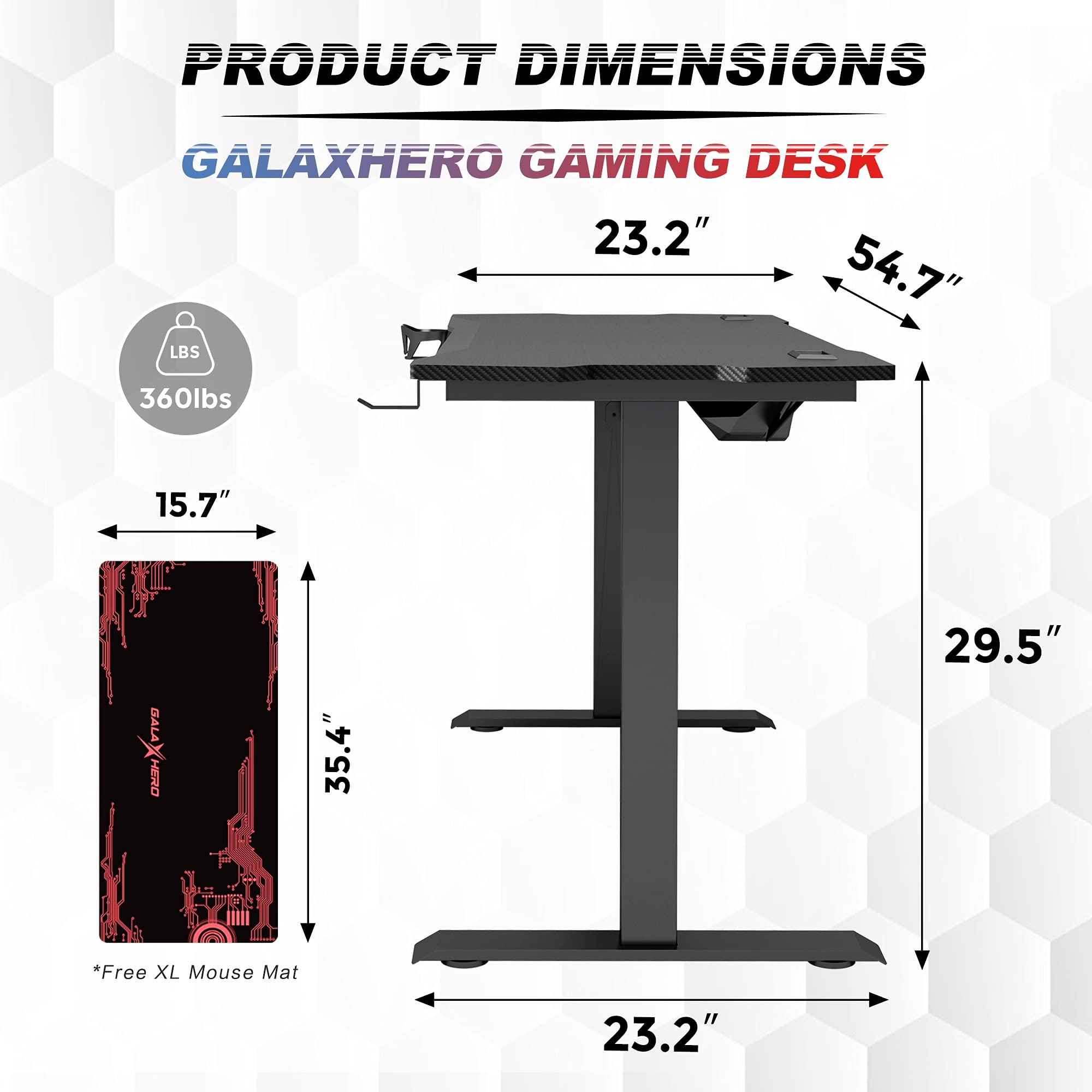 GALAXHERO 55“ Large Gaming Desk, Professional Gamer Computer Desk with Headphone Hook and Cup Holder, Home Office PC Workstation for E-Sports Use, Free XL Mouse Pad, Black, GX-SD