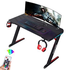 ESGAMING Gaming Desk with led Lights and USB Ports for Home Office and Gaming, RGB Gaming Table 44.5 inch Z Shaped Computer Desk with Cup Holder, Headphone Hook, Lighting Remote Controller, Black