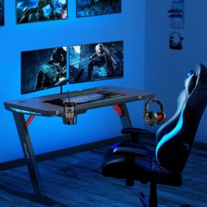 ESGAMING Gaming Desk with led Lights and USB Ports for Home Office and Gaming, RGB Gaming Table 44.5 inch Z Shaped Computer Desk with Cup Holder, Headphone Hook, Lighting Remote Controller, Black