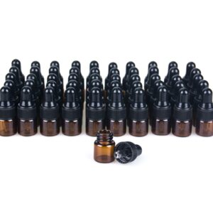 eassen 50pcs 1ml amber mini glass dropper bottles, small amber sample bottle with glass eye dropper for essential oils sample traveling