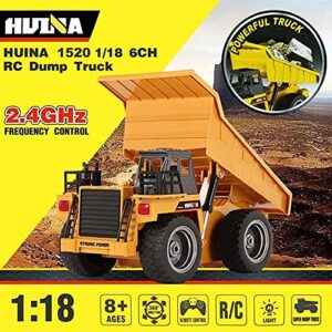 Remote Control Construction Dump Truck Toy 2.4G RC 6 Channel Bulldozer 4 Wheel Driver Mine Construction Alloy Metal Vehicle Truck 1:18 with 2 Rechargeable Batteries for Boys Birthday Xmas Gift