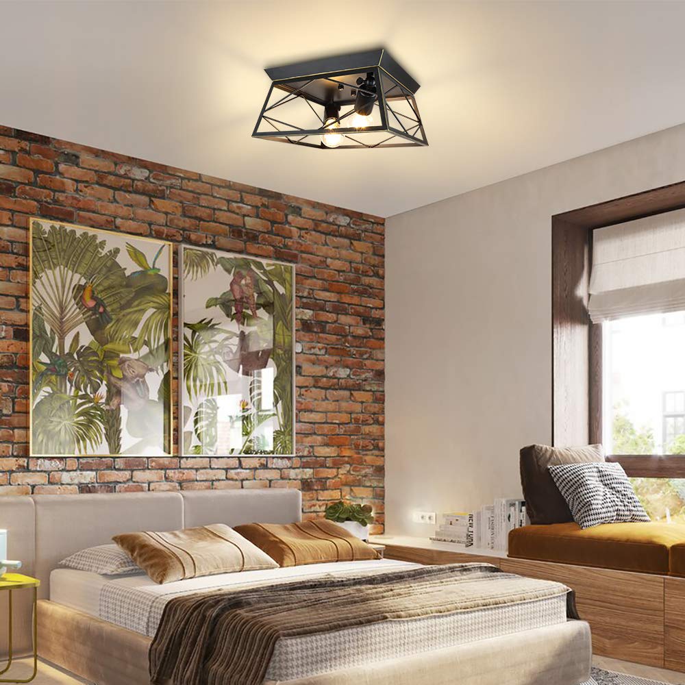 DLLT Farmhouse Flush Mount Ceiling Light Fixture, 2-Light Metal Square Close to Ceiling Light, Industrial Semi Flush Mount Ceiling Lamp for Bedroom Kitchen Hallway Porch Living Room, E26