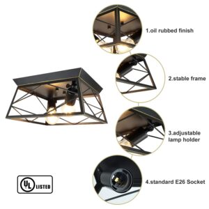 DLLT Farmhouse Flush Mount Ceiling Light Fixture, 2-Light Metal Square Close to Ceiling Light, Industrial Semi Flush Mount Ceiling Lamp for Bedroom Kitchen Hallway Porch Living Room, E26