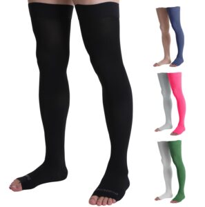 doc miller thigh high open toe compression stockings 20-30mmhg for varicose veins, pregnancy support open toe thigh high compression socks for women and men - 1 pair black xx-large