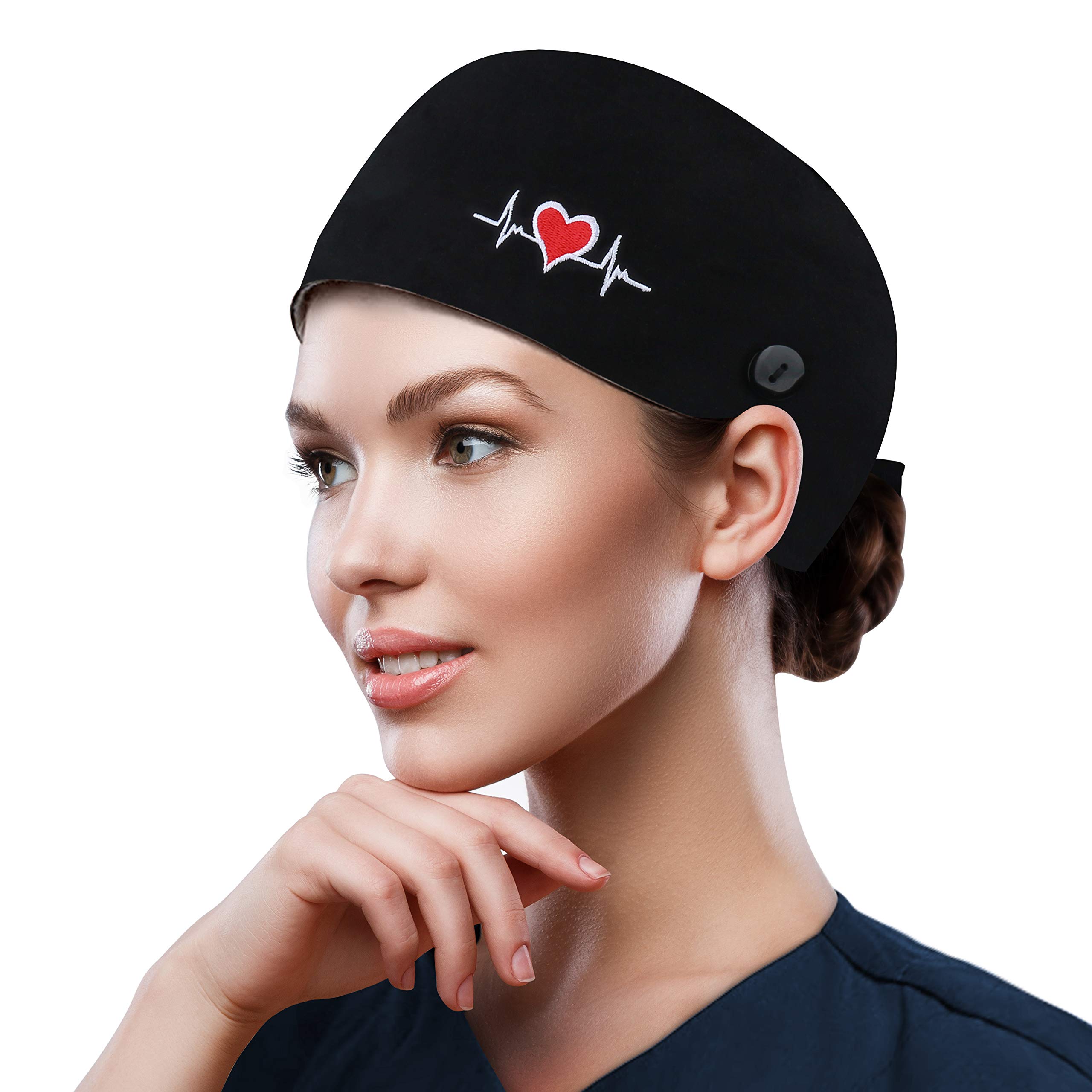 QBA Adjustable Working Cap with Button, Cotton Working Hat Sweatband, Elastic Bandage Tie Back Hats for Women & Men, One Size - Black with ECG