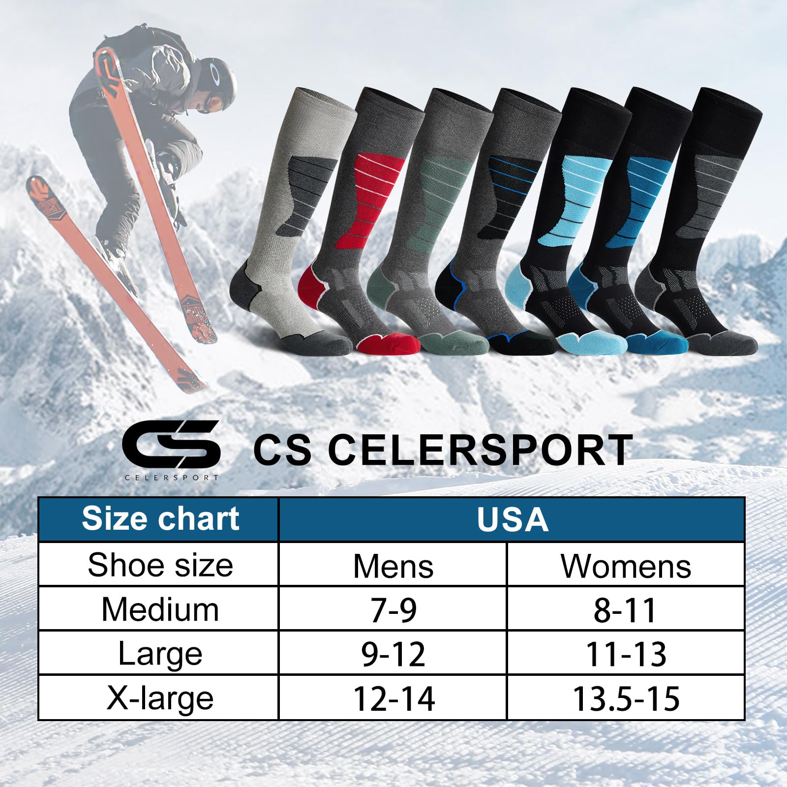 CS CELERSPORT 2 Pack Ski Socks for Men and Women Skiing, Snowboarding, Cold Weather, Winter Performance Socks, Black+Grey, Large