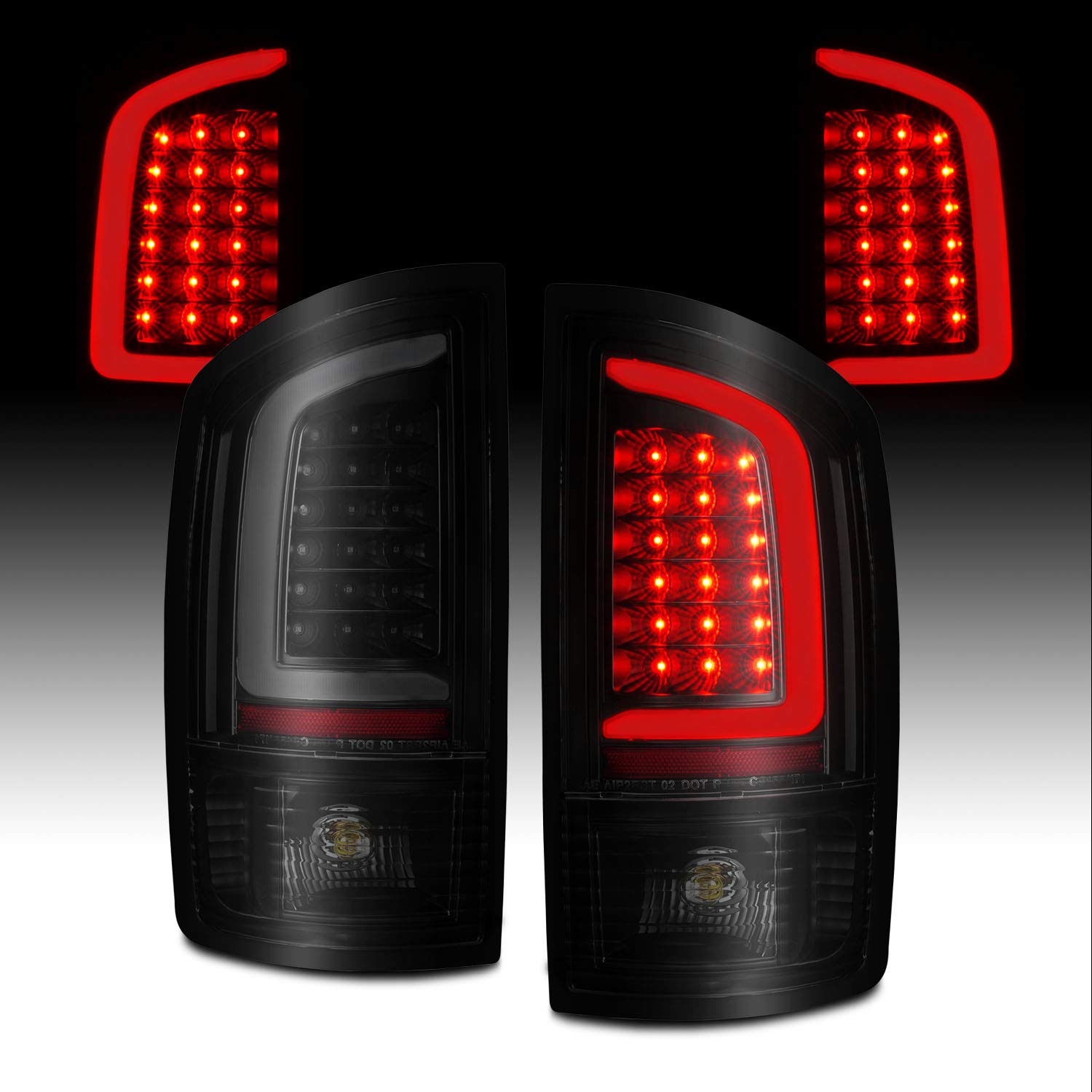 AmeriLite for 2002-2006 Dodge Ram 1500 2003-06 Ram 2500 3500 Pickup Dark Black C-Type LED Tube Replacement Tail Lights Brake Lamps Pair - Driver and Passenger Side