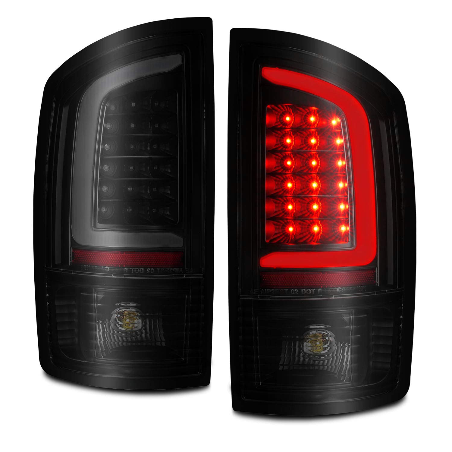 AmeriLite for 2002-2006 Dodge Ram 1500 2003-06 Ram 2500 3500 Pickup Dark Black C-Type LED Tube Replacement Tail Lights Brake Lamps Pair - Driver and Passenger Side