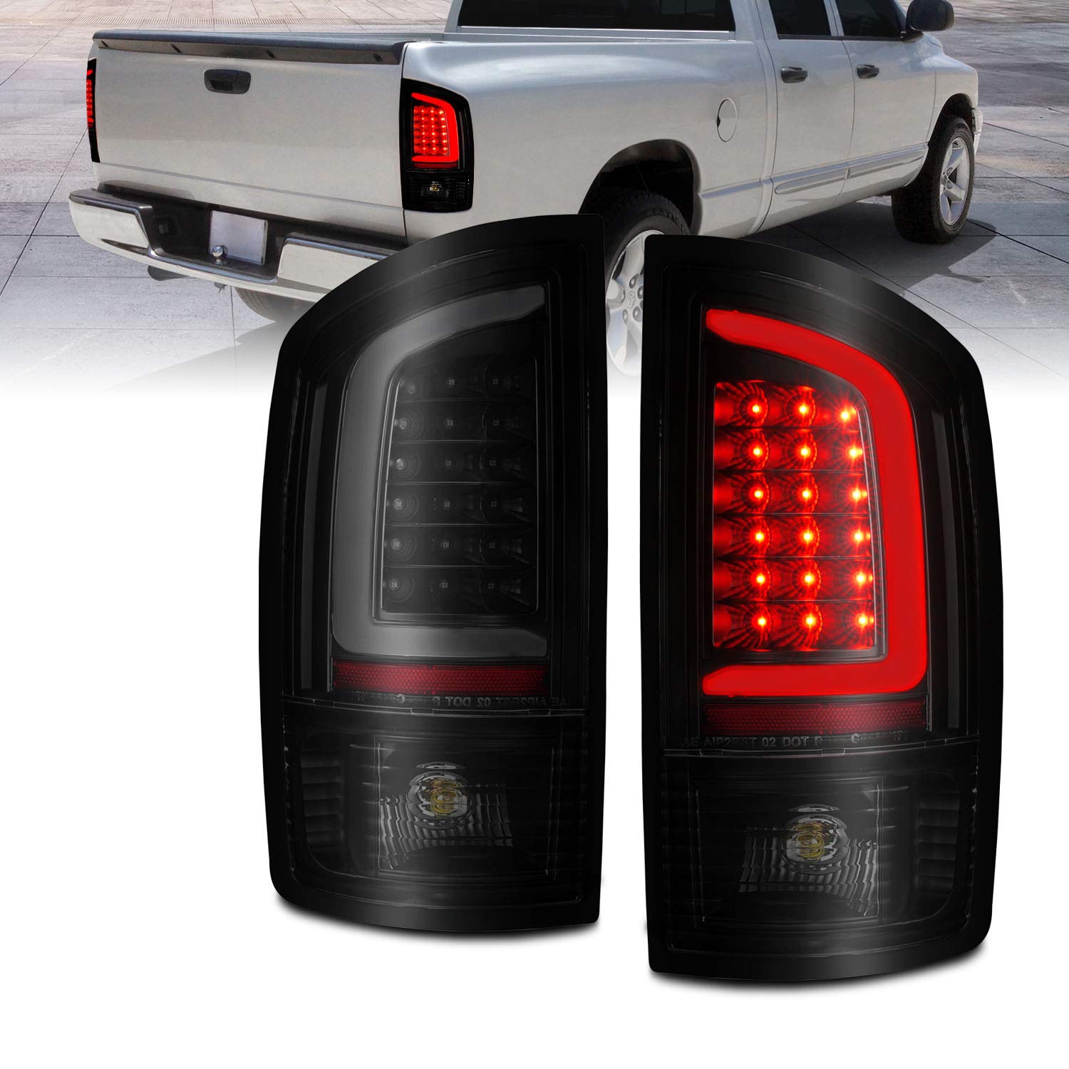 AmeriLite for 2002-2006 Dodge Ram 1500 2003-06 Ram 2500 3500 Pickup Dark Black C-Type LED Tube Replacement Tail Lights Brake Lamps Pair - Driver and Passenger Side