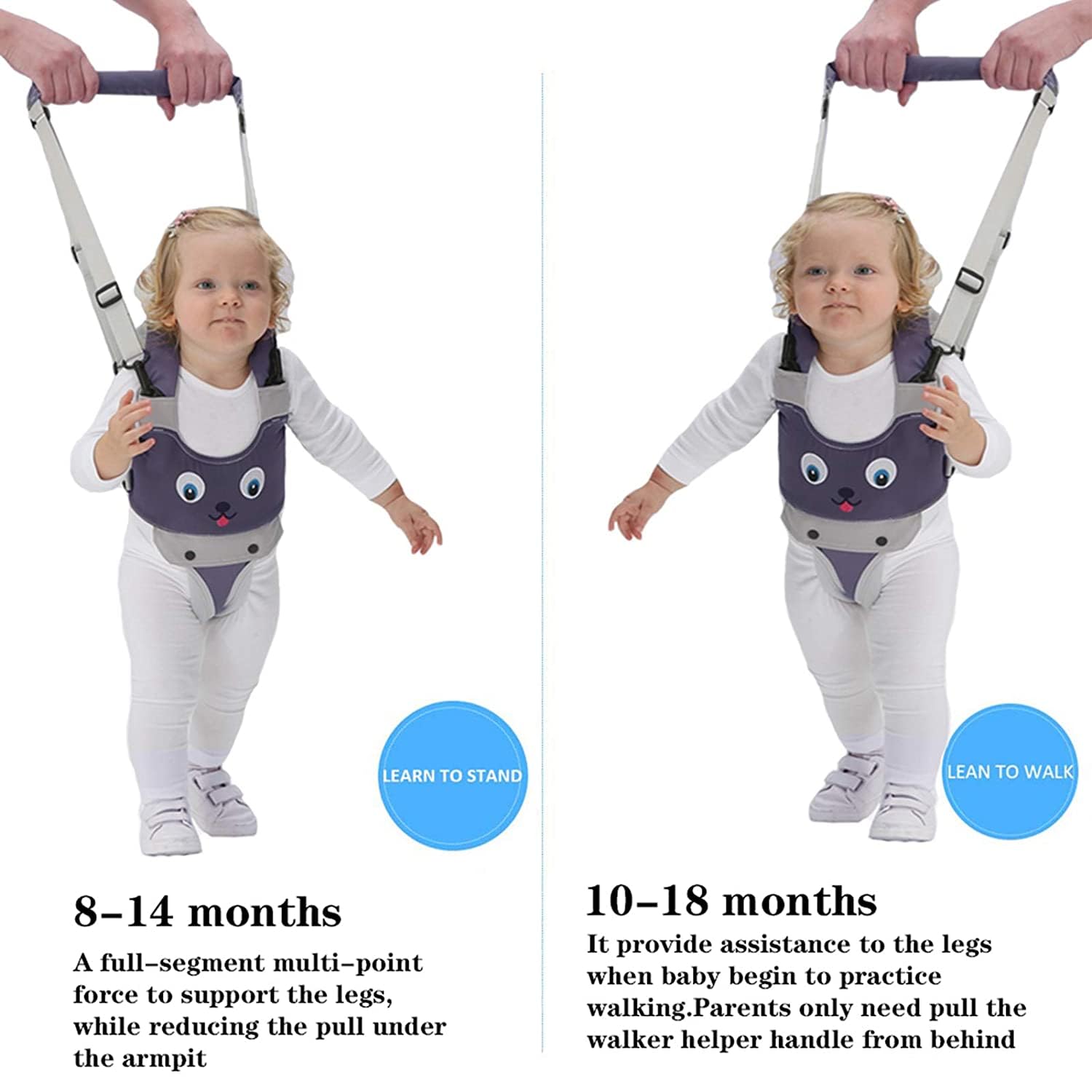 IULONEE Baby Walker, Handheld Kids Toddler Walking Harness Helper Assistant Protective Belt Child Activity Walker Adjustable Standing Up Walking Learning Helper for Toddler 7-24 Month (Grey)