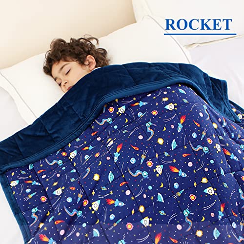 VECOKNA Kids Weighted Blanket 7lbs 41 x 60 inches, Reversible Cooling Throw Blanket for Kids &Teens,100% Breathable Cotton Heavy Blanket,Great for Calming and Sleep,Blue Rocket