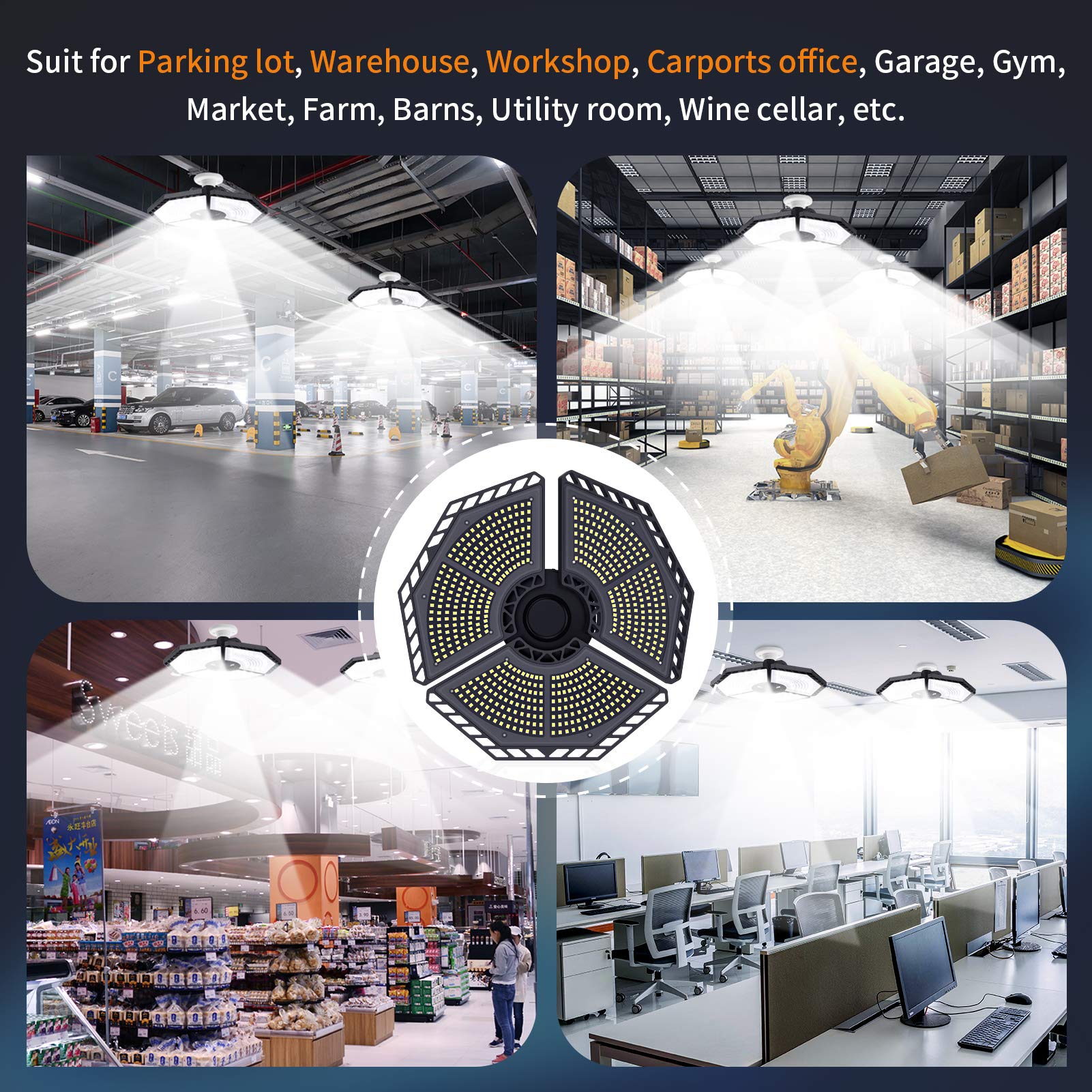 LED Garage Lights, 140W 18500 Lumens Garage Ceiling Lighting, 6000K Daylight with Deformable Three Panels Garage Light Fixture E26/E27 Triple Glow LED Shop Light for Garage Basement Workshop Warehouse