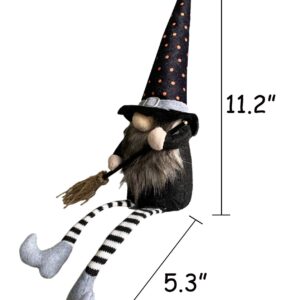 Halloween Witch Gnomes with Broom, Dangle Leg Sitting Fall Autumn Gnomes, Faceless Tomte Halloween Table Tier Tray Decor Sets of 2