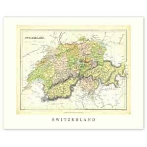 vintage switzerland map prints, 1 (11x14) unframed photos, wall art decor gifts under home geography office garage studio school college student teacher coach explorer continental travel history fans