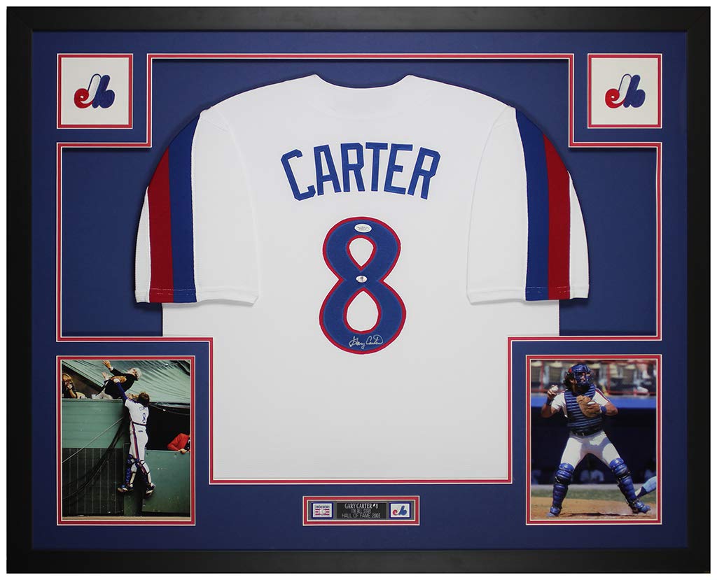 Gary Carter Autographed White Montreal Expos Jersey - Beautifully Matted and Framed - Hand Signed By Carter and Certified Authentic by JSA - Includes Certificate of Authenticity