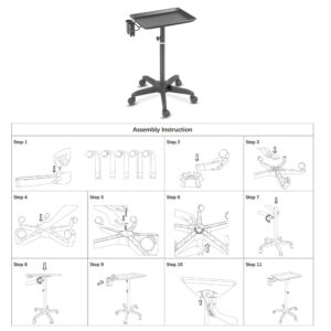 Salon Tray on Wheels, Tattoo Tray, CAKMSMAO Aluminum Beauty Rolling Salon Tray Station, Adjustable Height Mobile Folding Storage Salon Trolley (Black)