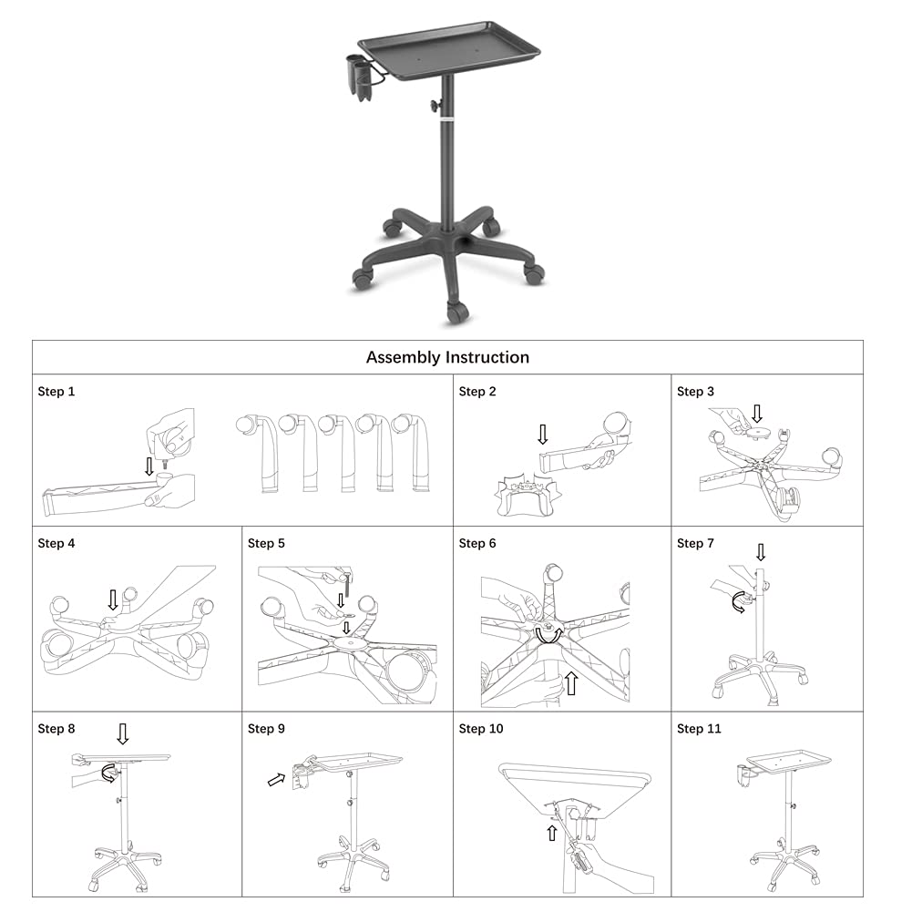 Salon Tray on Wheels, Tattoo Tray, CAKMSMAO Aluminum Beauty Rolling Salon Tray Station, Adjustable Height Mobile Folding Storage Salon Trolley (Black)