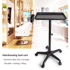 Salon Tray on Wheels, Tattoo Tray, CAKMSMAO Aluminum Beauty Rolling Salon Tray Station, Adjustable Height Mobile Folding Storage Salon Trolley (Black)