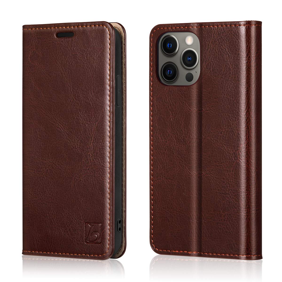 Belemay iPhone 12/12 Pro Wallet Case - Genuine Leather, RFID Blocking, Card Holder, TPU Shell, Kickstand, Brown