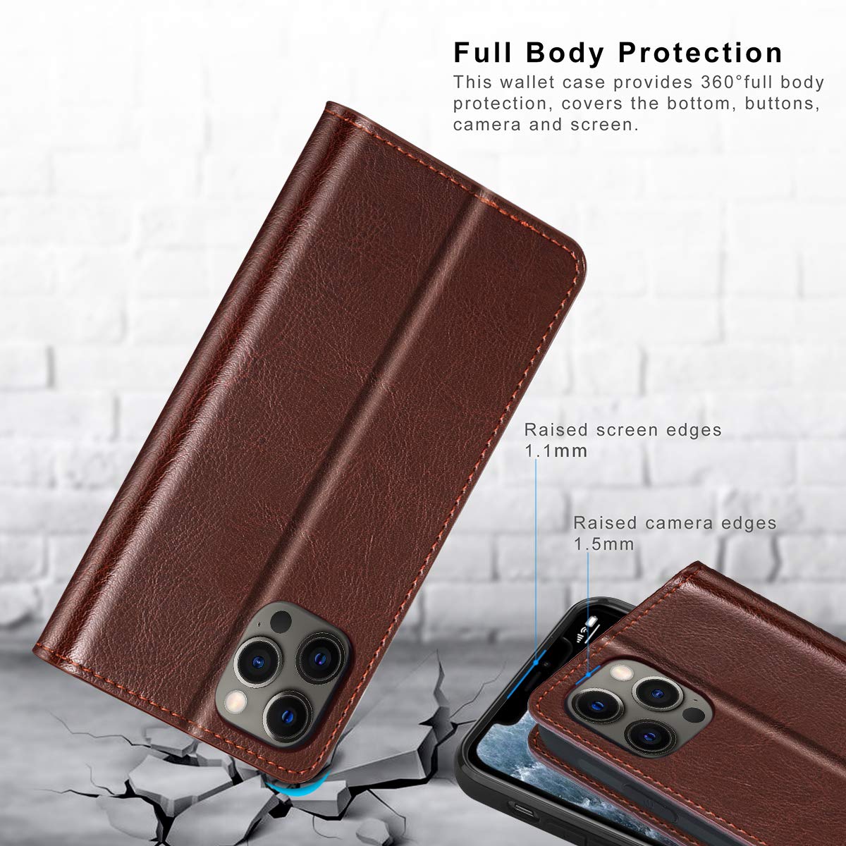 Belemay iPhone 12/12 Pro Wallet Case - Genuine Leather, RFID Blocking, Card Holder, TPU Shell, Kickstand, Brown