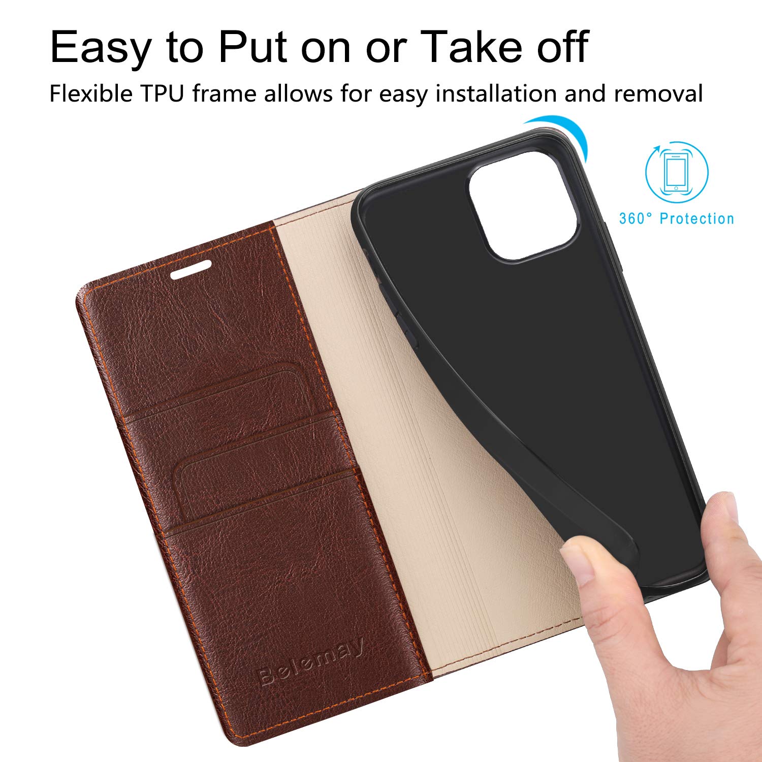 Belemay iPhone 12/12 Pro Wallet Case - Genuine Leather, RFID Blocking, Card Holder, TPU Shell, Kickstand, Brown