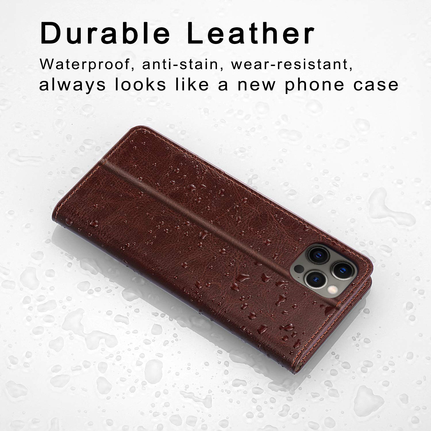 Belemay iPhone 12/12 Pro Wallet Case - Genuine Leather, RFID Blocking, Card Holder, TPU Shell, Kickstand, Brown