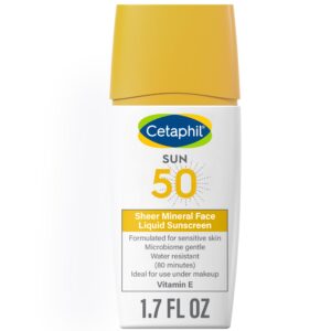 cetaphil sheer 100% mineral liquid sunscreen for face with zinc oxide broad spectrum spf 50 formulated for sensitive skin, unscented, 1.7 fl oz