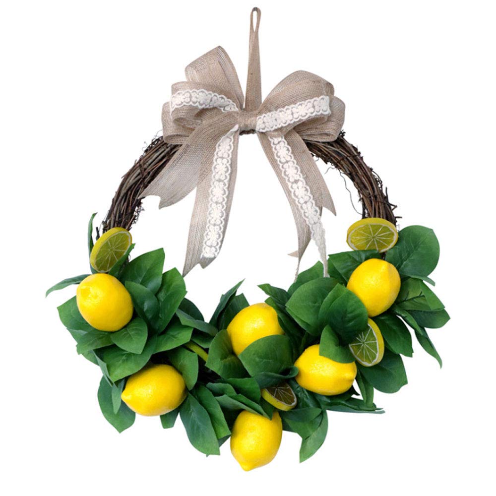 QCUTEP 15.7inch Spring Fruit Wreath Front Door Wreath Artificial Yellow Lemon Wreath for Home Garden Front Door Indoor Wall Decorations