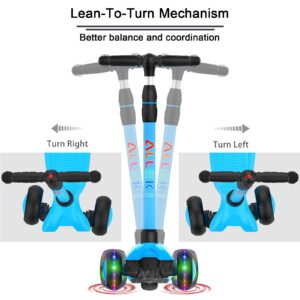 Allek Kick Scooter B03, Lean 'N Glide 3-Wheeled Push Scooter with Extra Wide PU Light-Up Wheels, Any Height Adjustable Handlebar and Strong Thick Deck for Children from 3-12yrs (Aqua Blue)