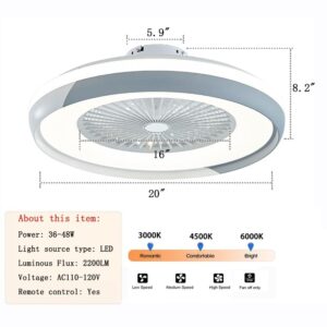 TFCFL Modern Ceiling Fan with Light, 20" Semi Recessed Dimmable Ceiling Fan with Remote Control 3 Speed Stealth Blade Low Profile for Bedroom Dining Room (White and Gray)