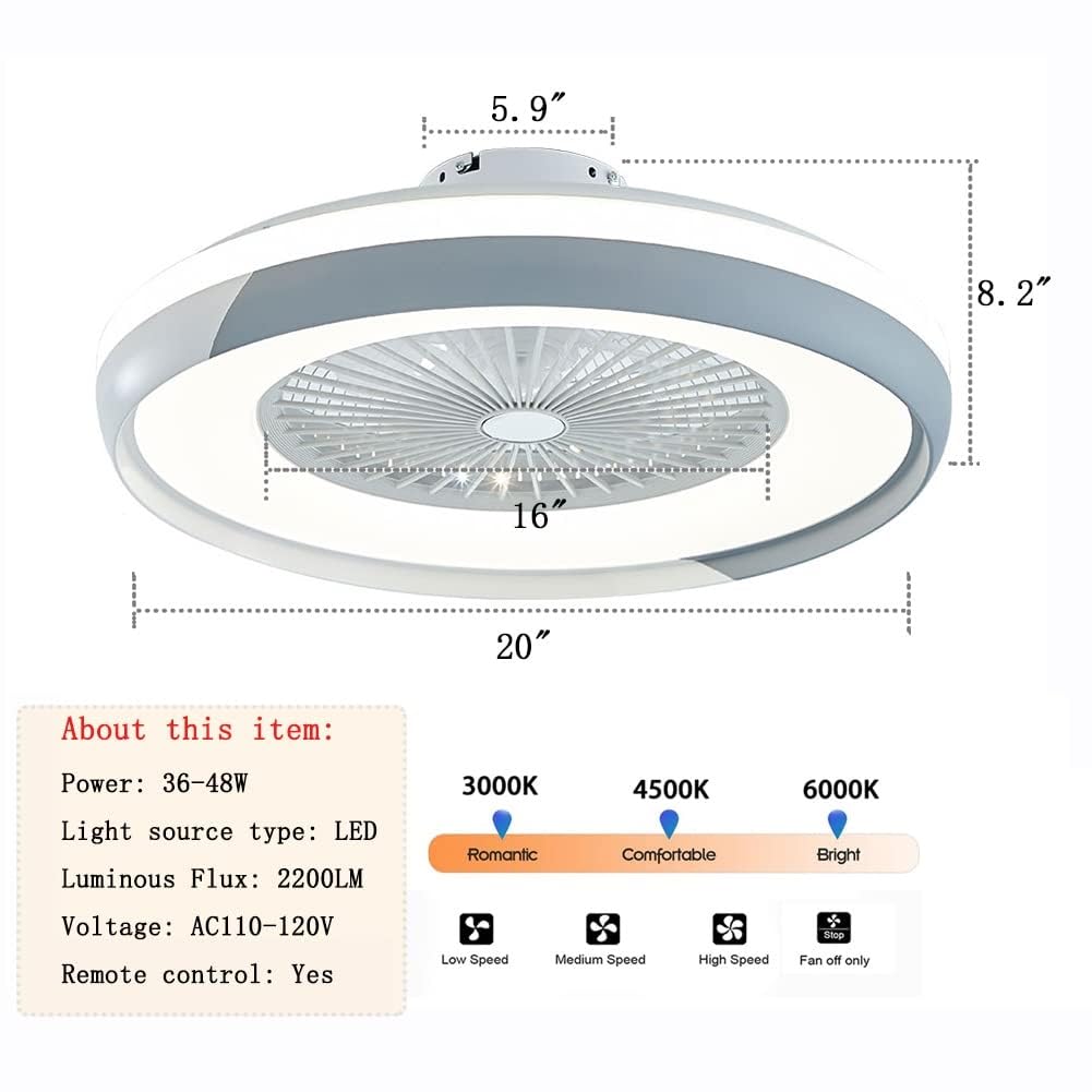 TFCFL Modern Ceiling Fan with Light, 20" Semi Recessed Dimmable Ceiling Fan with Remote Control 3 Speed Stealth Blade Low Profile for Bedroom Dining Room (White and Gray)