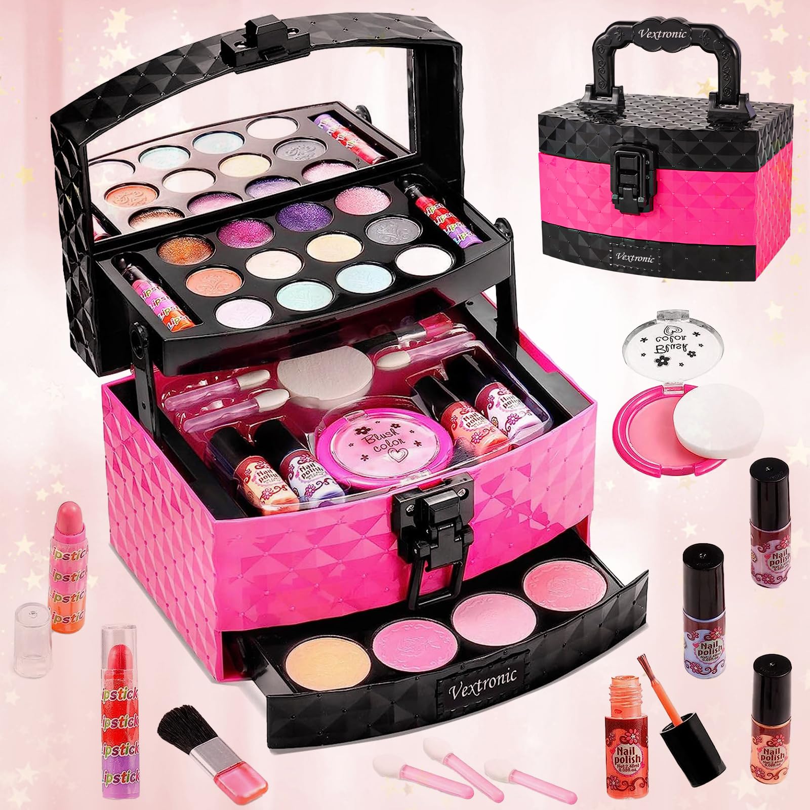 Vextronic Kids Makeup Sets for Girls, Washable Toddler Makeup Kit, Non Toxic & Safe Pretend Play Makeup for Kids Ages 3 4 5 6 7 8 9 10 11 12, Little Girls Makeup Kit Toy, Christmas & Birthday Gift