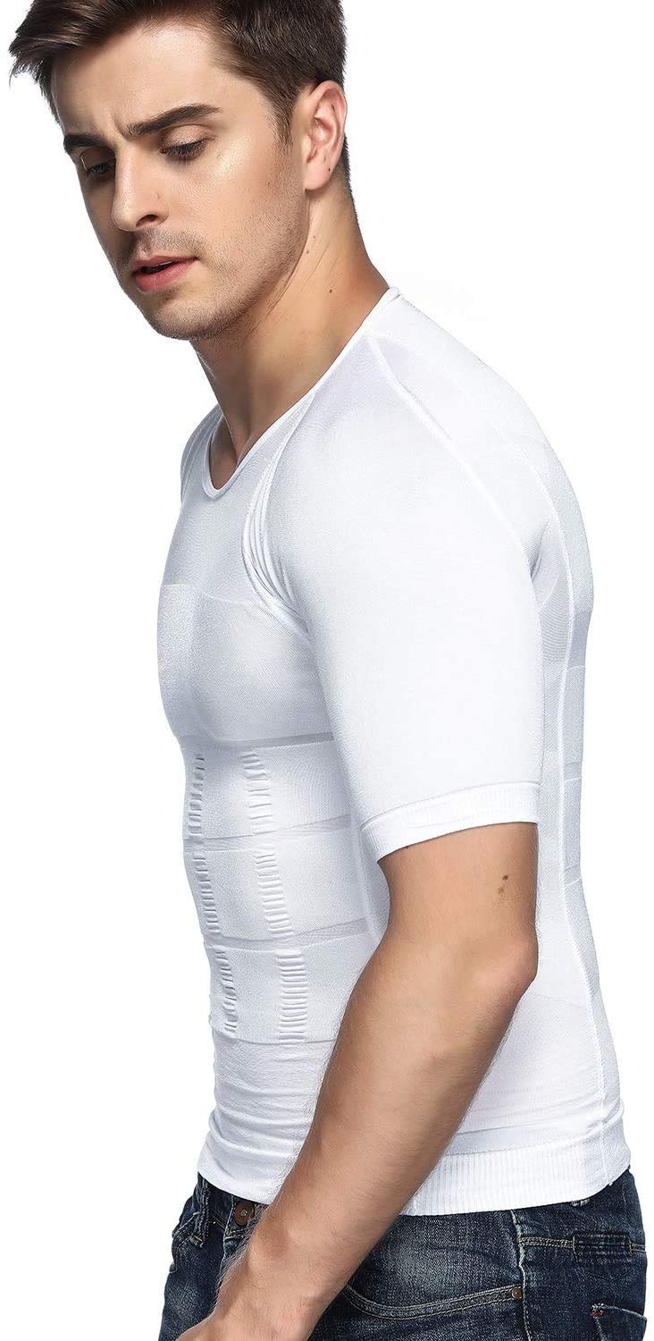 Odoland 3 Pack Men's Body Shaper Slimming Shirt Tummy Vest Thermal Compression Base Layer Slim Muscle Short Sleeve Shapewear, White/Grey/Black, L