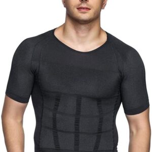 Odoland 3 Pack Men's Body Shaper Slimming Shirt Tummy Vest Thermal Compression Base Layer Slim Muscle Short Sleeve Shapewear, White/Grey/Black, L