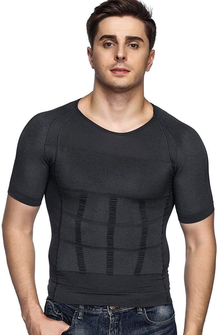 Odoland 3 Pack Men's Body Shaper Slimming Shirt Tummy Vest Thermal Compression Base Layer Slim Muscle Short Sleeve Shapewear, White/Grey/Black, L