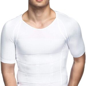 Odoland 3 Pack Men's Body Shaper Slimming Shirt Tummy Vest Thermal Compression Base Layer Slim Muscle Short Sleeve Shapewear, White/Grey/Black, L