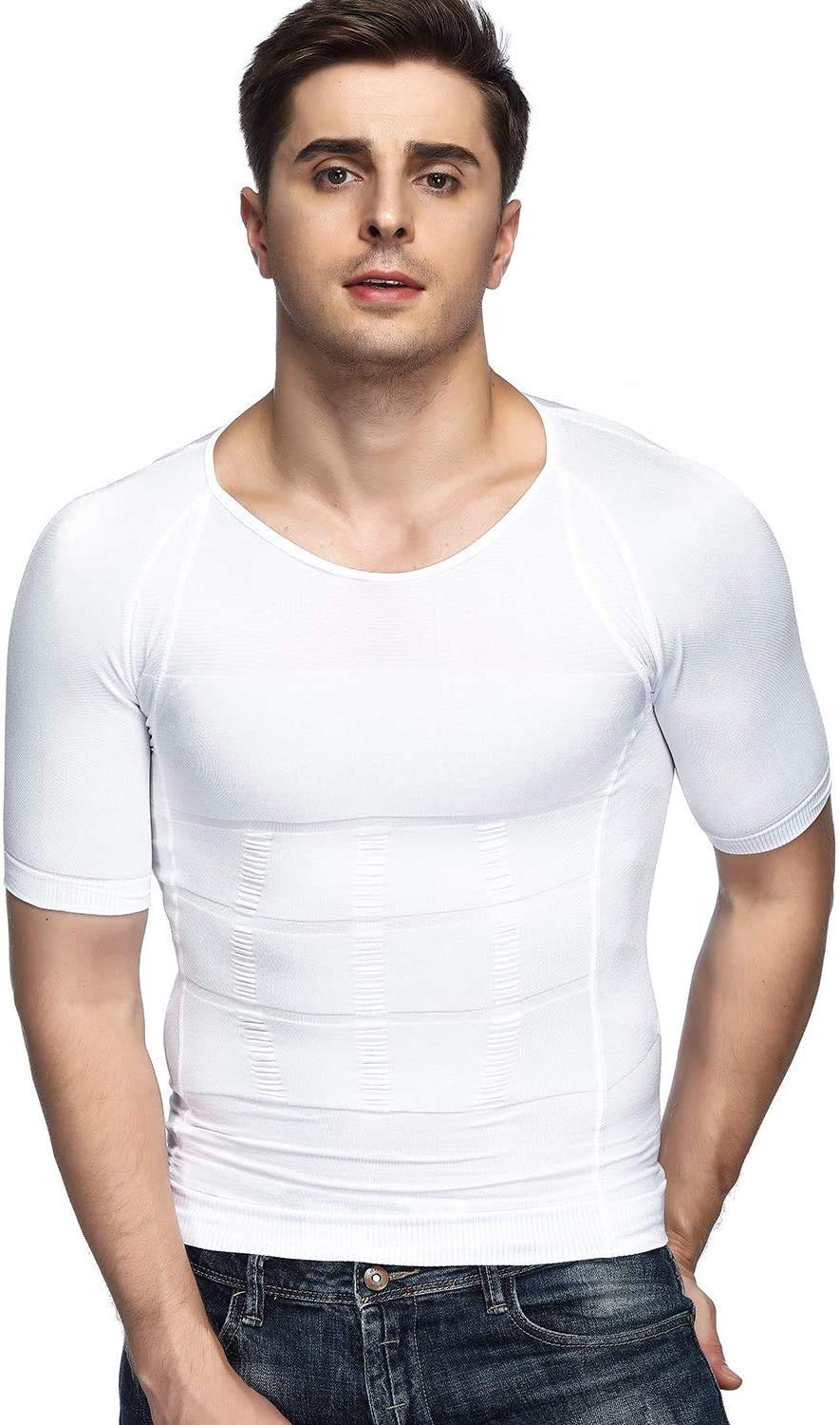 Odoland 3 Pack Men's Body Shaper Slimming Shirt Tummy Vest Thermal Compression Base Layer Slim Muscle Short Sleeve Shapewear, White/Grey/Black, L