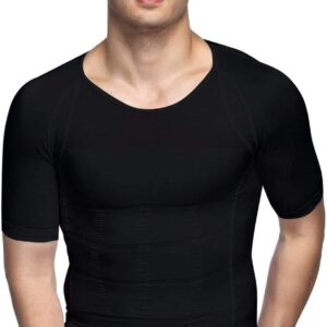 Odoland 3 Pack Men's Body Shaper Slimming Shirt Tummy Vest Thermal Compression Base Layer Slim Muscle Short Sleeve Shapewear, White/Grey/Black, L