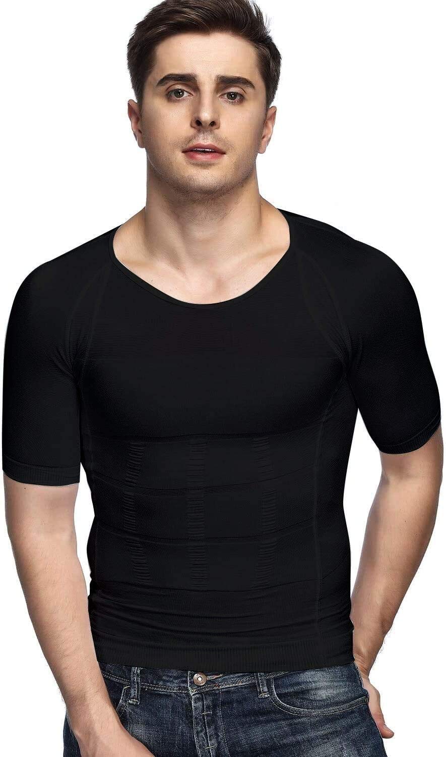 Odoland 3 Pack Men's Body Shaper Slimming Shirt Tummy Vest Thermal Compression Base Layer Slim Muscle Short Sleeve Shapewear, White/Grey/Black, L