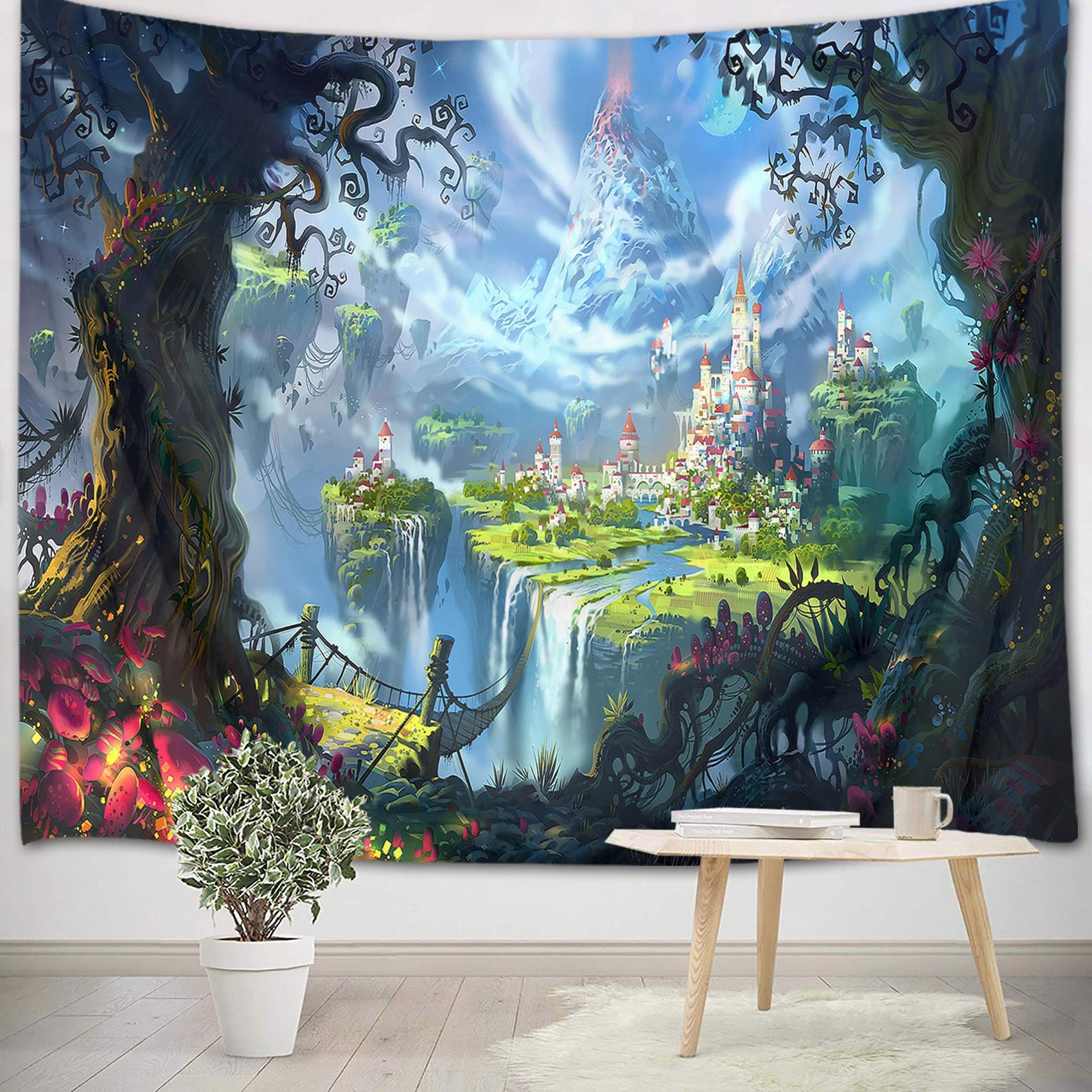 LB Fantasy Forest Castle Tapestry, Large Green Magic Fairy Tale World Tapestry Wall Hanging, Trippy Mountain Tapestry Wall Decor for Bedroom Living Room Dorm Wall Decor, 80 x 60 Inches