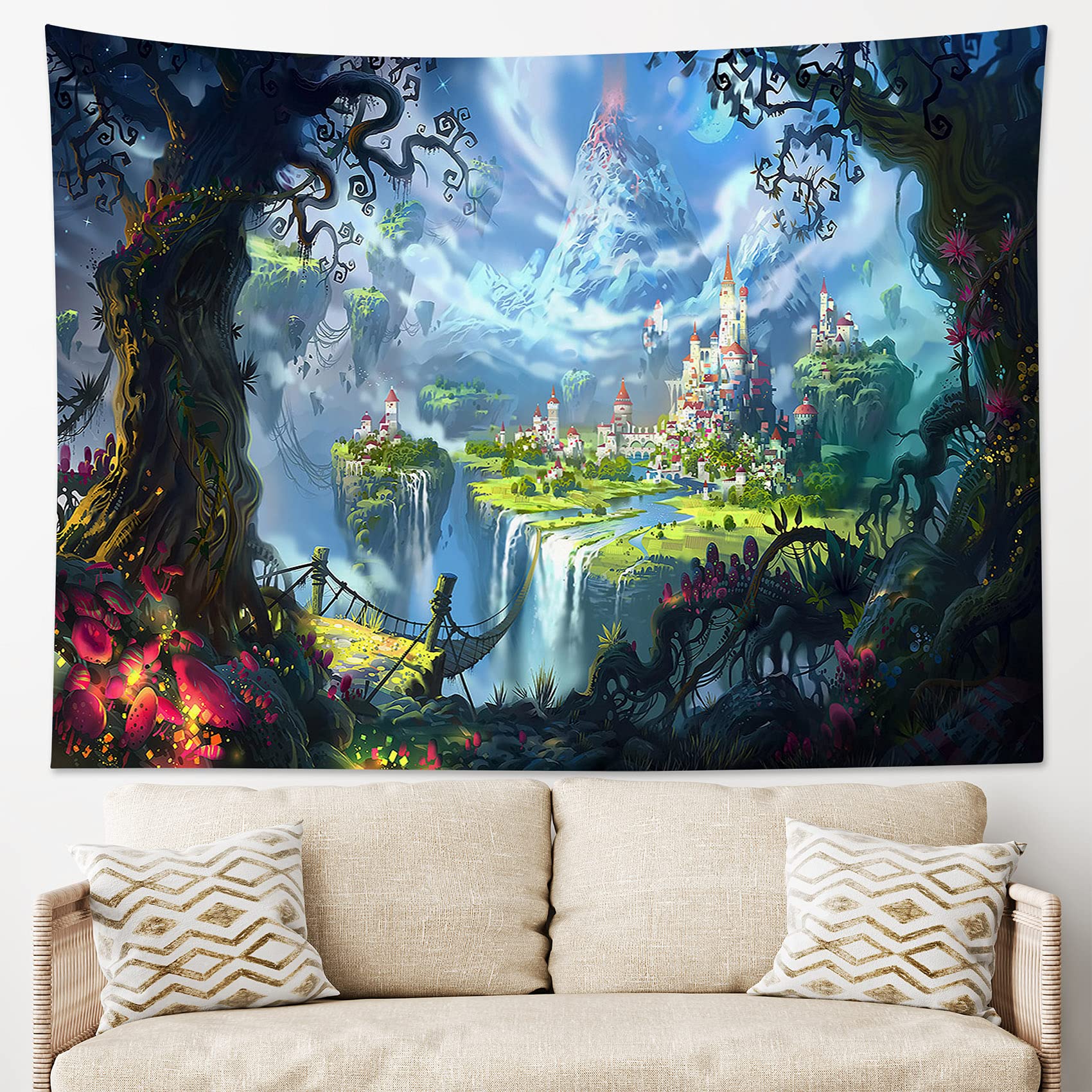 LB Fantasy Forest Castle Tapestry, Large Green Magic Fairy Tale World Tapestry Wall Hanging, Trippy Mountain Tapestry Wall Decor for Bedroom Living Room Dorm Wall Decor, 80 x 60 Inches