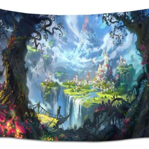 LB Fantasy Forest Castle Tapestry, Large Green Magic Fairy Tale World Tapestry Wall Hanging, Trippy Mountain Tapestry Wall Decor for Bedroom Living Room Dorm Wall Decor, 80 x 60 Inches